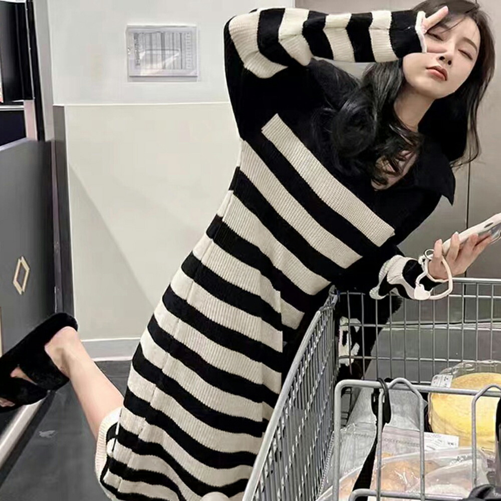 【楽天市場】【最大50%OFFクーポンで,2345円】ボーダーワンピース 韓国 Vネックニット ドロップショルダー ニットワンピース きれいめカジュアル 体型カバー 膝丈ワンピ お出かけ ...