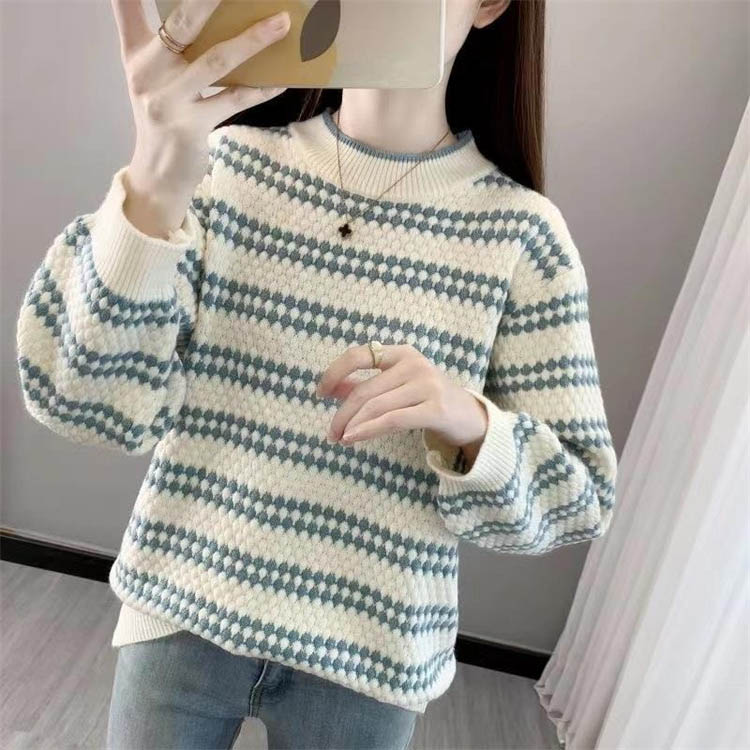 【楽天市場】ニットセーター レディース 秋冬 40代 トップス 長袖 厚手 ニットソー ボーダー柄 ラウンネック 韓国風 ショート丈 ニット ...