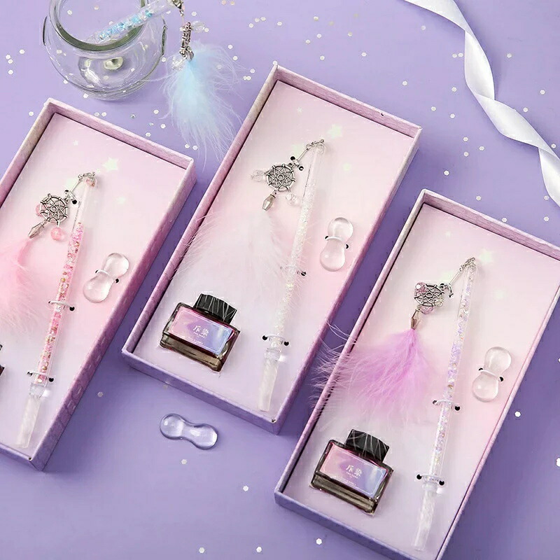 【楽天市場】ガラスペン セット 羽ペン 万年筆 クリスタルガラスペン 可愛い文房具 ガラス製 ペン 署名、書道、装飾用 ペンホルダー付き：Monuso