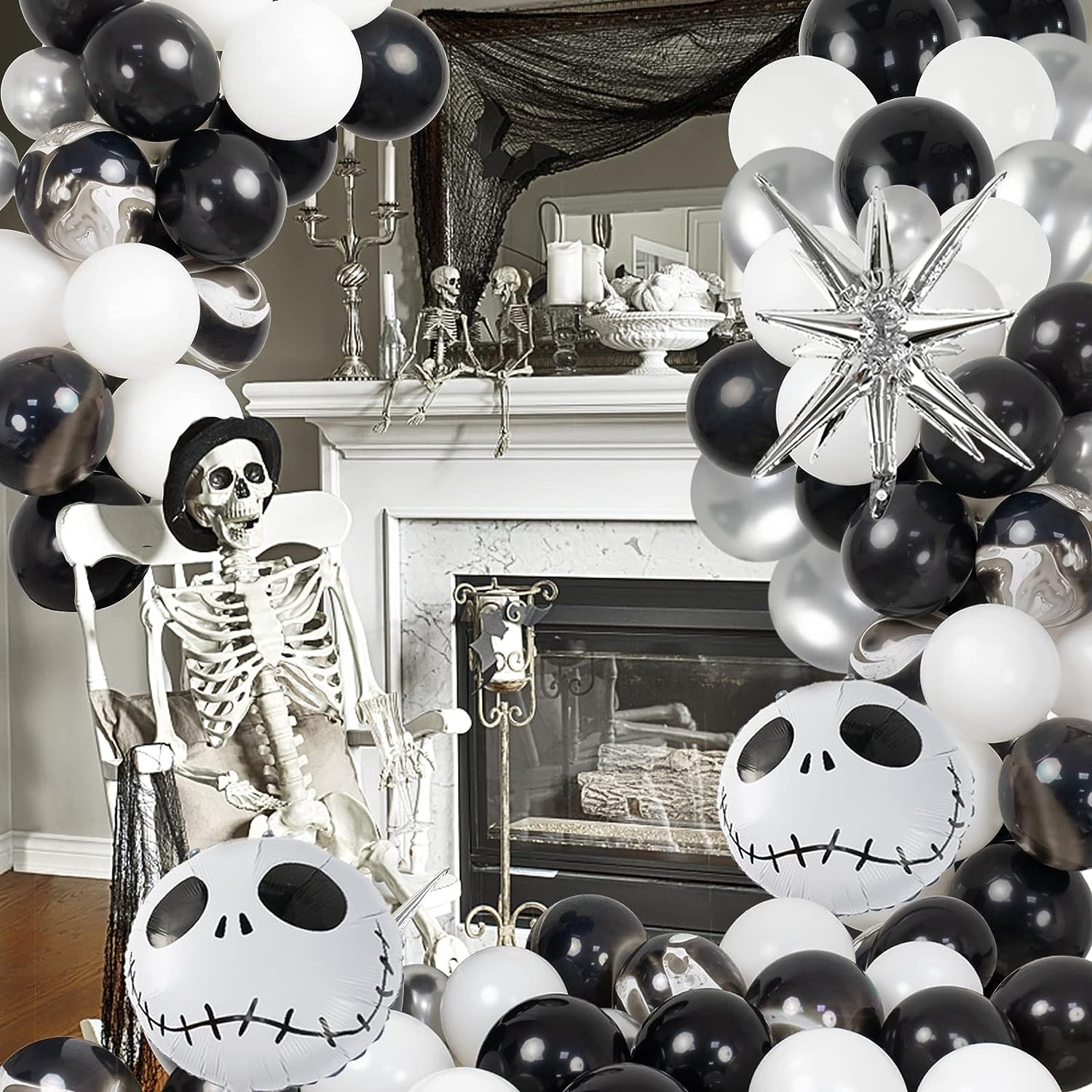 【楽天市場】万聖節飾り ハロウィン 風船 装飾品 バルーンアーチセット 150個 風船 ブラック ホワイト シルバー バルーン スカル コーン アルミバルーン ハロウィンパーティー 飾り 写真 ...