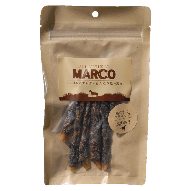 【楽天市場】MARCO 犬用おやつ 馬背筋スティック馬肉巻 40g無添加 無着色 天然素材 100％ナチュラル ダイエット アレルギー対応 犬 おやつ 馬肉 馬背すじ スティック 馬肉巻 ...