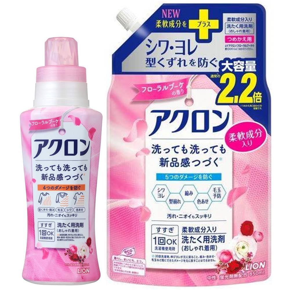 【楽天市場】アクロン フローラルブーケの香り ボトル本体450ml+詰替え850ml(2点セット)おしゃれぎ用 液体洗剤 すすぎ1回OK キレイ 時短 ECO 傷まず洗える LION おまけ付 ...