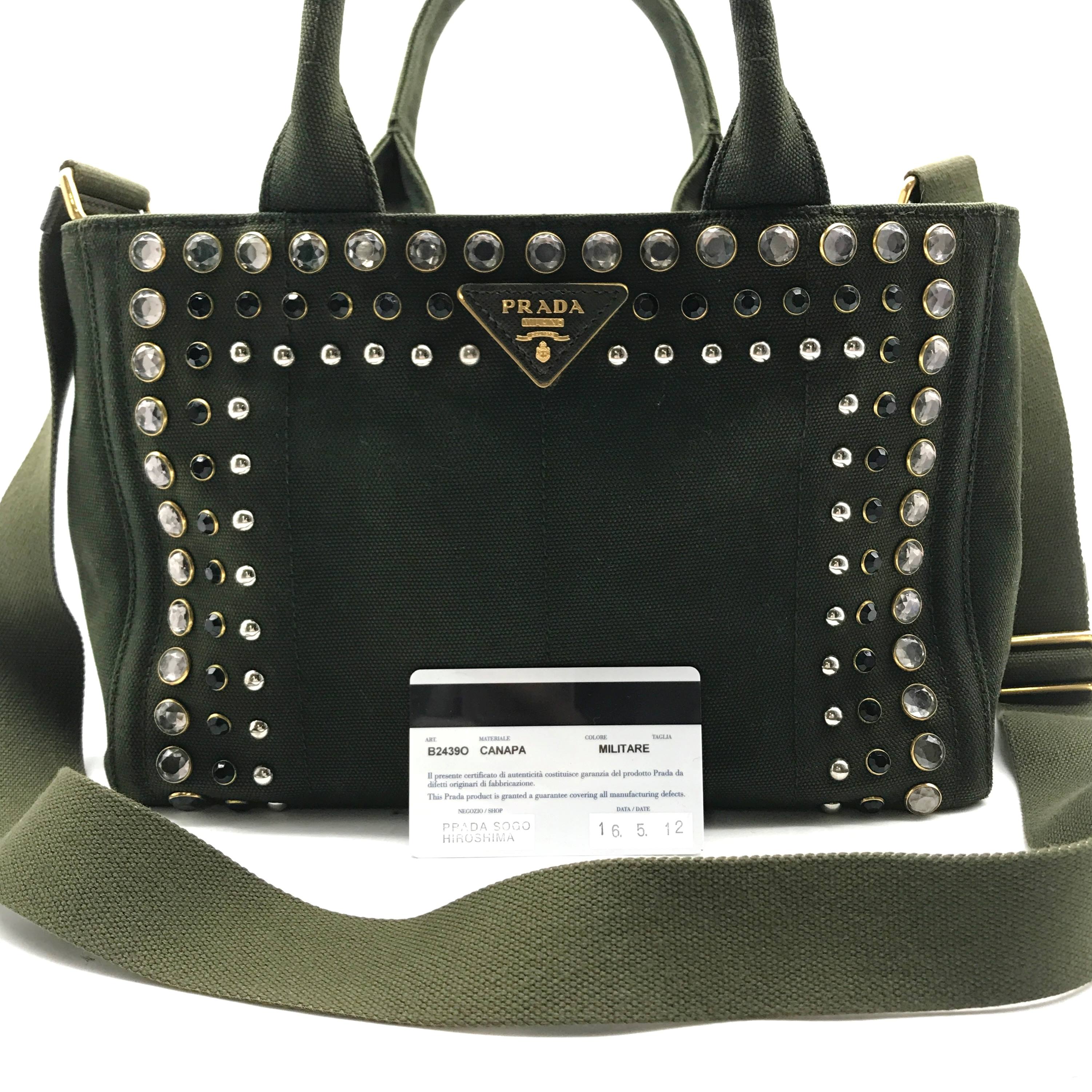 【楽天市場】【中古】PRADA プラダ カナパ ロゴプレート ラインストーン 2WAY ハンド ショルダー バッグ カーキ 良品 k1365：BEGINSELL