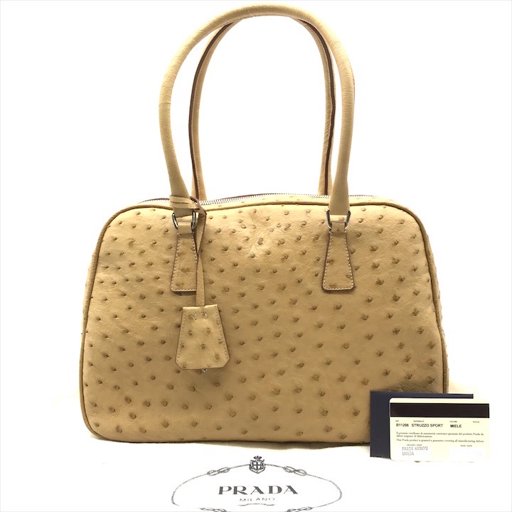 【楽天市場】【中古】展示品 PRADA プラダ 三角ロゴ オーストリッチ レザー フルポイント ハンド ボストン バッグ ベージュ a3744：BEGINSELL