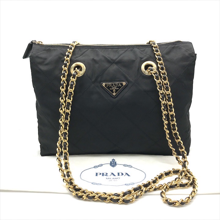 【楽天市場】【中古】美品 PRADA プラダ テスート ナイロン ロゴプレート キルティング チェーン ショルダー トート バッグ ブラック k2325：BEGINSELL