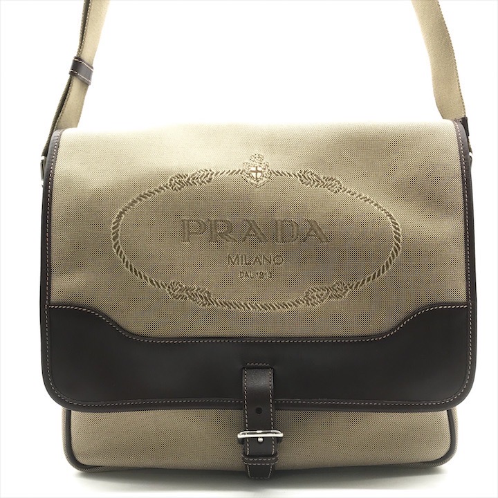 【楽天市場】【中古】美品 PRADA プラダ ロゴジャガード ショルダー バッグ キャンバス レザー ブラウン k2475：BEGINSELL