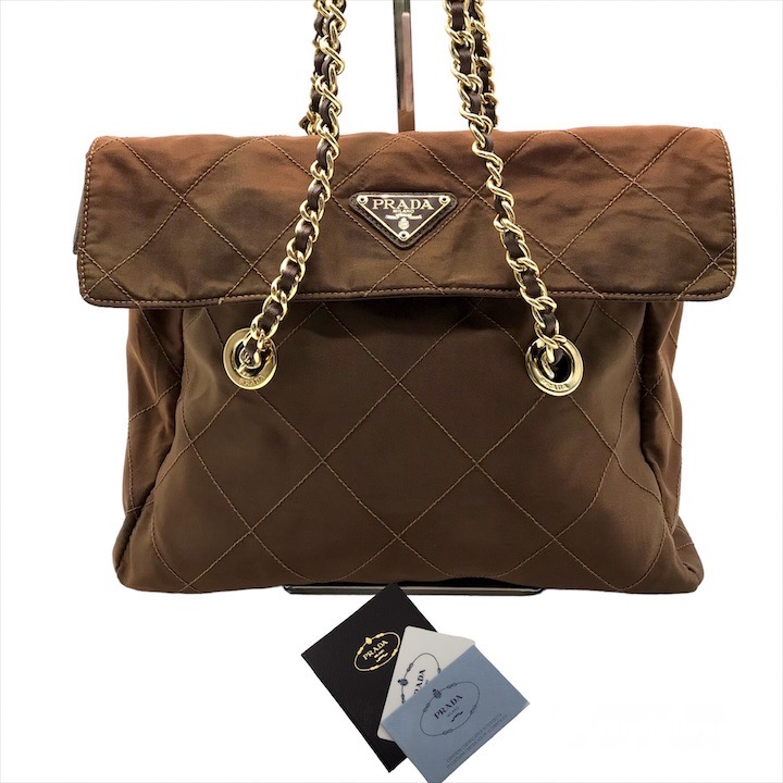 【楽天市場】【中古】良品 PRADA プラダ 三角ロゴ テスート ナイロン キルティング チェーン ショルダー バッグ ブラウン k2610：BEGINSELL