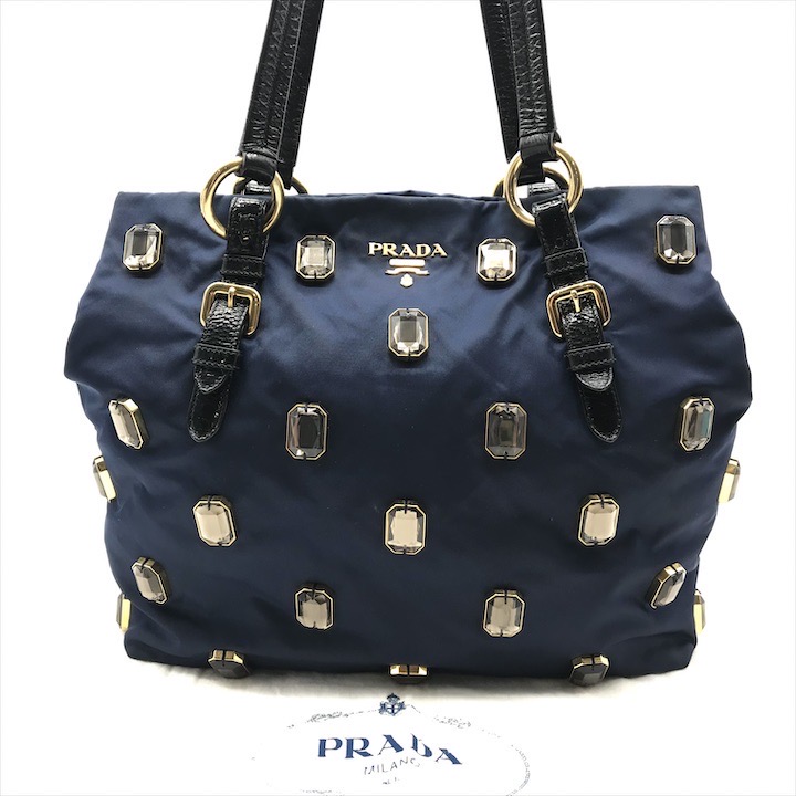 【楽天市場】【中古】良品 PRADA プラダ メタルロゴ ナイロン ビジュー トート バッグ ネイビー レディース k2691：BEGINSELL