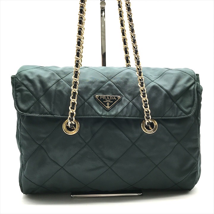 【楽天市場】【中古】良品 PRADA プラダ 三角ロゴ プレート キルティング ナイロン チェーン ショルダー バッグ 肩掛け グリーン レディース a4447：BEGINSELL