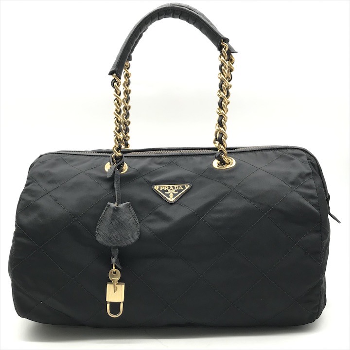 【楽天市場】【中古】良品 PRADA プラダ 三角ロゴプレート ナイロン テスート チェーン ボストン バッグ レディース ブランド 鞄 ブラック k3665：BEGINSELL