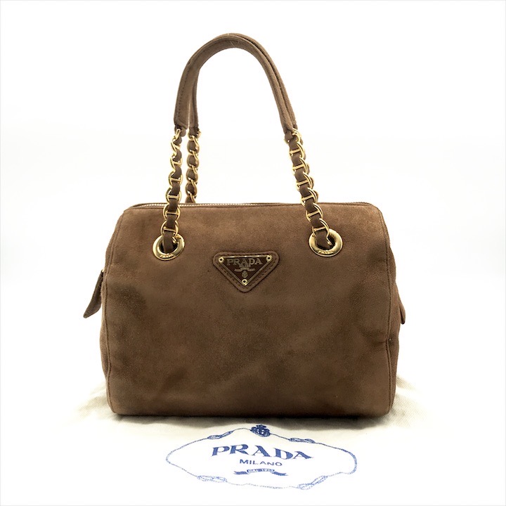 【楽天市場】【中古】PRADA プラダ 三角ロゴ プレート スエード チェーン ハンド バッグ ブラウン レディース k3666：BEGINSELL
