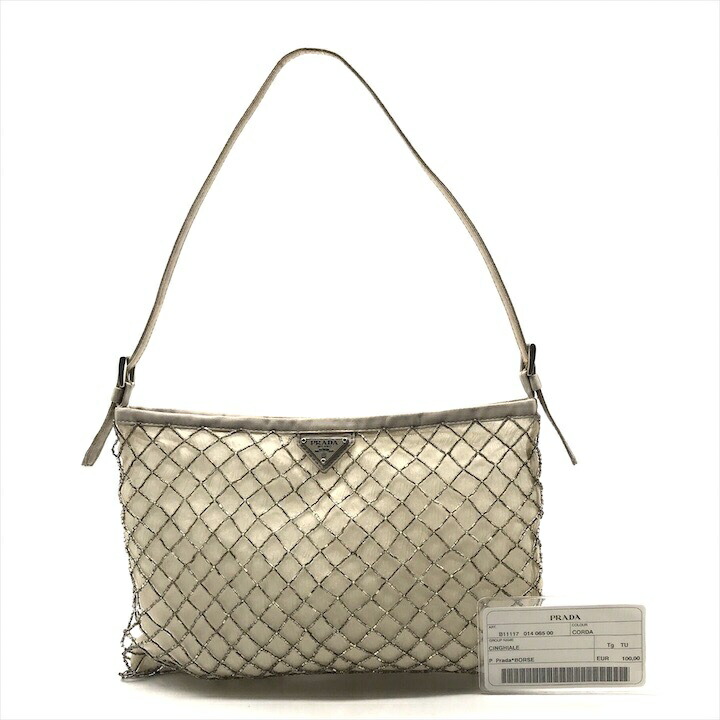 【楽天市場】【中古】良品 PRADA プラダ 三角ロゴ プレート アクセサリー ポーチ ビーズ ベージュ ハンド バッグ レディース k4424：BEGINSELL