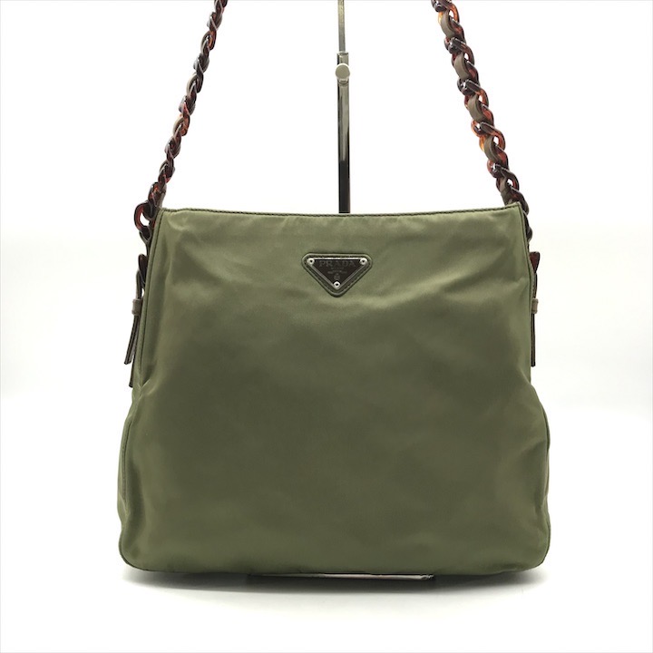 【楽天市場】【中古】良品 PRADA プラダ 三角ロゴ プレート ナイロン テスート チェーン ワンショルダー バッグ 斜め掛け グリーン レディース k4556：BEGINSELL