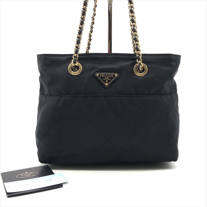【楽天市場】【中古】良品 PRADA プラダ 三角ロゴ ナイロン テスート キルティング チェーン ショルダー トート バッグ ネイビー a6699：BEGINSELL