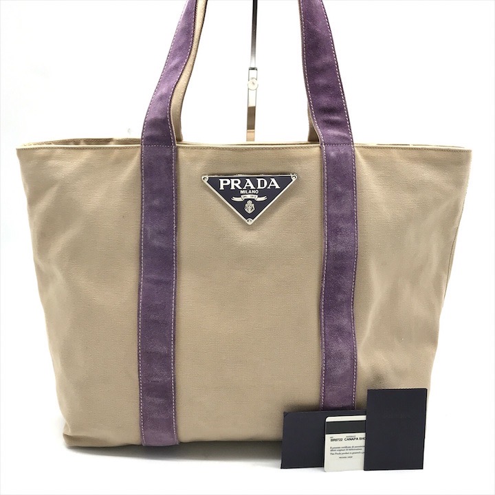 【楽天市場】【中古】良品 PRADA プラダ キャンバス 三角ロゴ トート バッグ ベージュ パープル ブランド 鞄 k5164：BEGINSELL