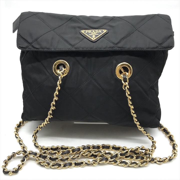【楽天市場】【中古】良品 PRADA プラダ ポコノ ナイロン テスート 三角ロゴ チェーン ショルダー レディース バッグ 鞄 かばん ブラック ゴールド 黒 a7595：BEGINSELL
