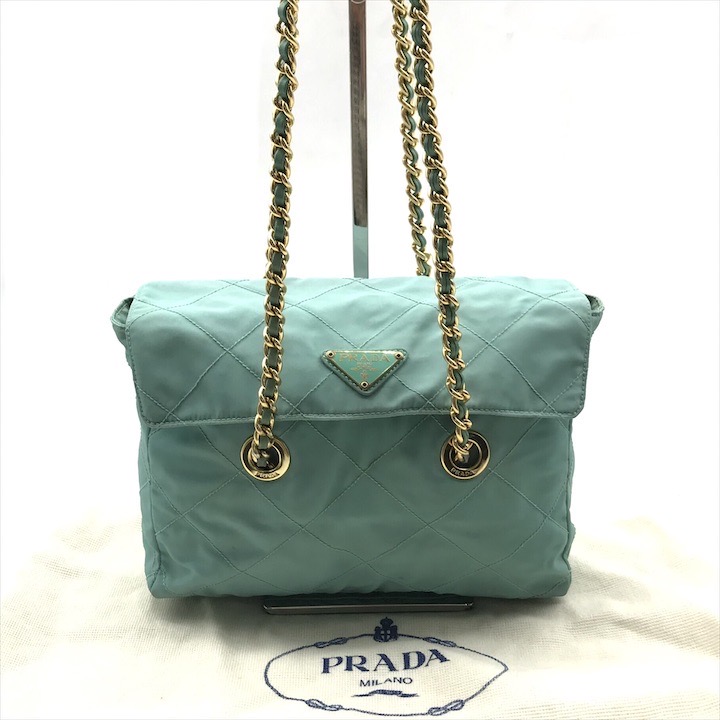 【楽天市場】【中古】良品 PRADA プラダ 三角ロゴ プレート キルティング ナイロン テスート ライトグリーン チェーン ショルダー バッグ レディース a8537：BEGINSELL