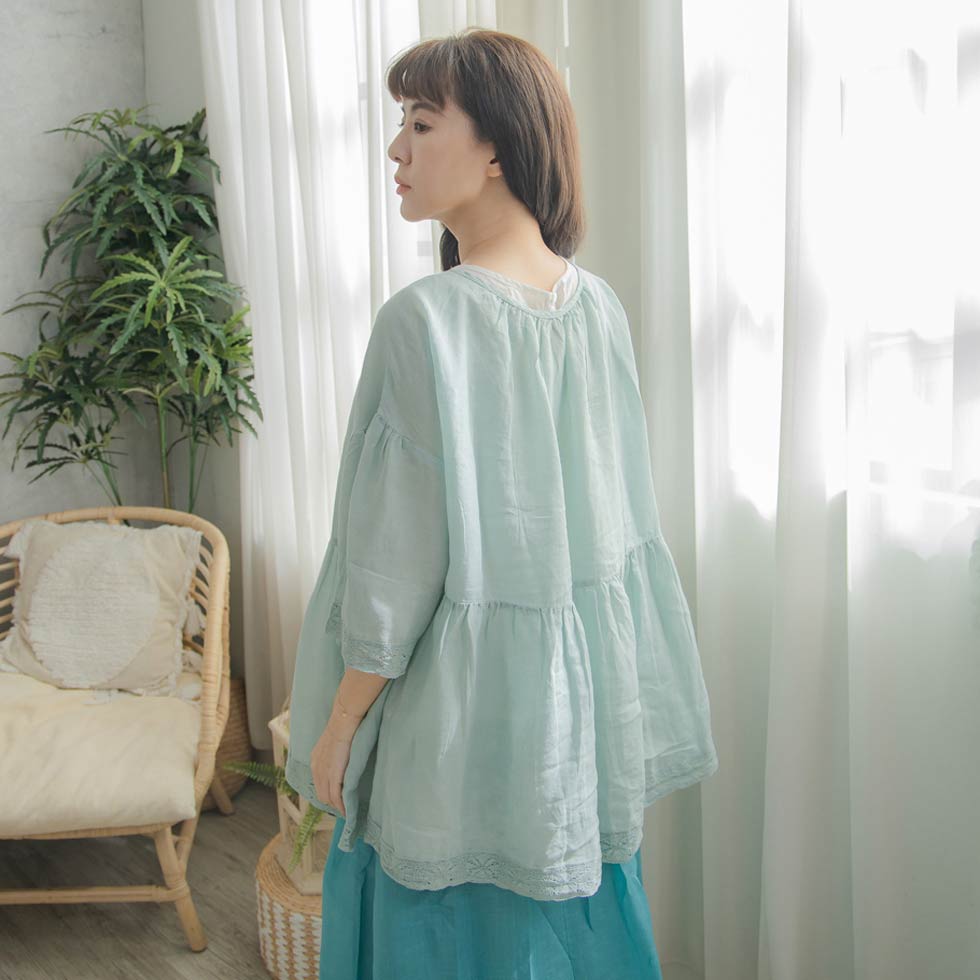 【楽天市場】【完売御礼】【 2023 春夏新作 】 ブラウス 薄手リネン生地 シースルー 裾 袖 レース 半袖 【 ブルー 青色 】 リネン ...
