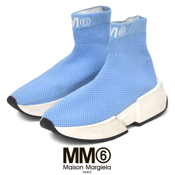 【楽天市場】エムエムシックスメゾンマルジェラ MM6 Maison Margiela ロゴ レディーススニーカー ニット ブーツ ライトブルー 青 37(約24cm) sh25-1672【返品 ...