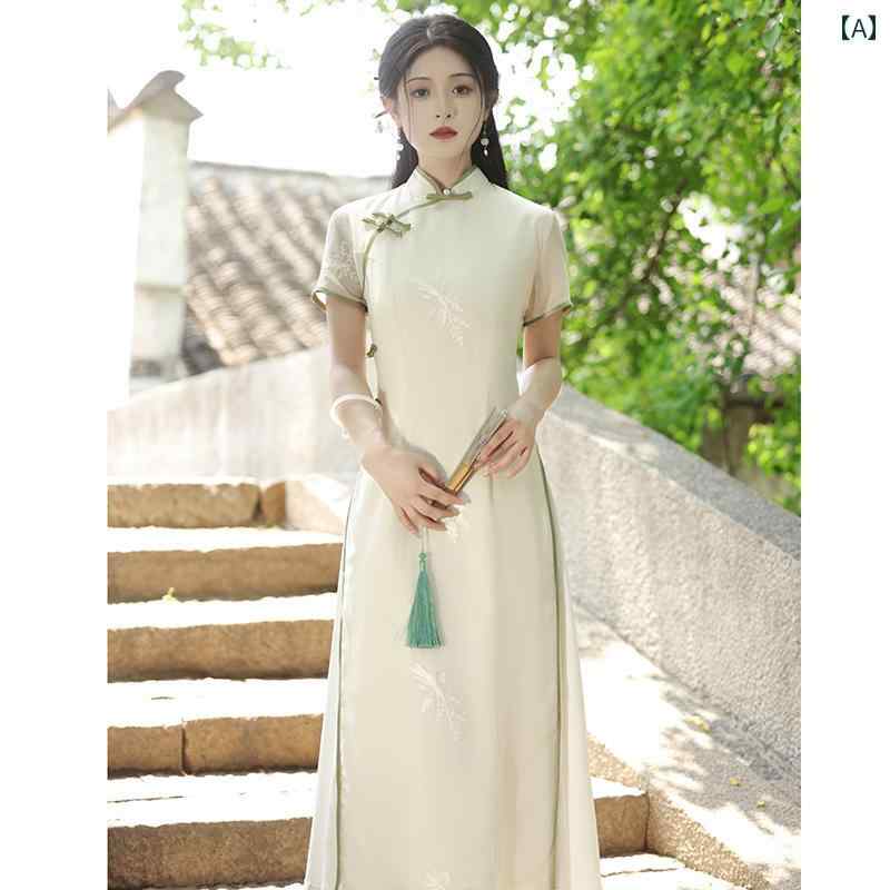 【楽天市場】アオザイ チャイナドレス 春夏 中国風 レディース ワンピース エレガント レトロ ティー フェアリー グリーン：モズラボ