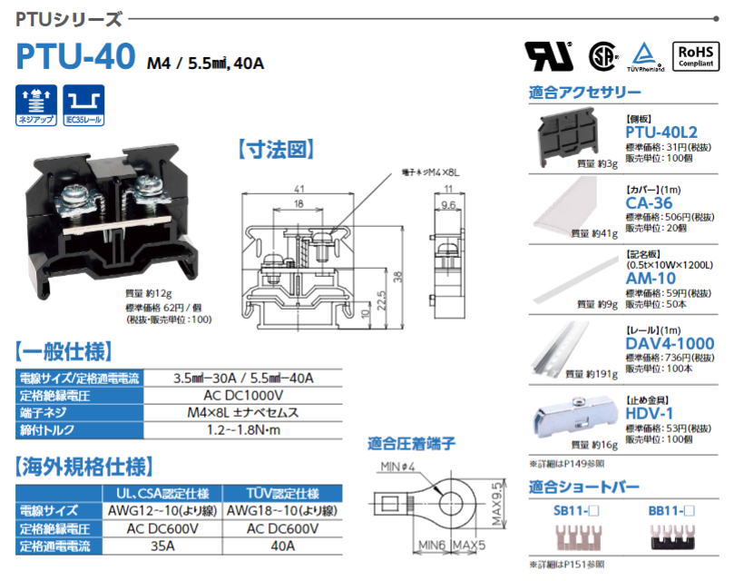 【楽天市場】東洋技研 【 PTU-40 】PTUシリーズ 端子台 / レール取付型 / ネジアップ式 / 一般端子台【1個単位】：エヌデンサービス