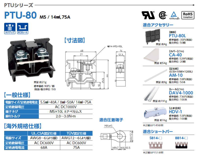 【楽天市場】東洋技研 【 PTU-80 】PTUシリーズ 端子台 / レール取付型 / ネジアップ式 / 一般端子台【1個単位】：エヌデンサービス