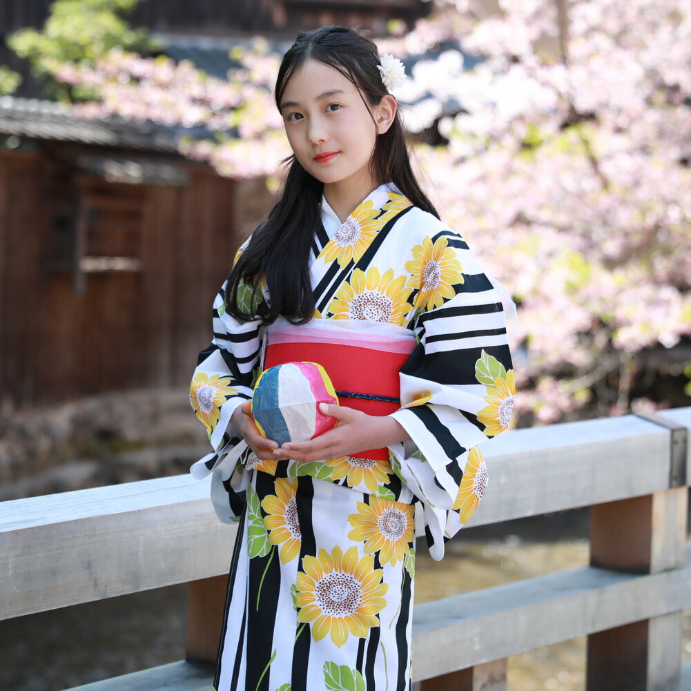 【楽天市場】ときめき恋浴衣Jr「1.白地にひまわりとストライプ」：洋服・小物 なでしこ