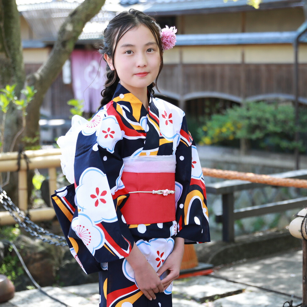 【楽天市場】ときめき恋浴衣Jr「6.濃紺地に花と流水」：洋服・小物 なでしこ