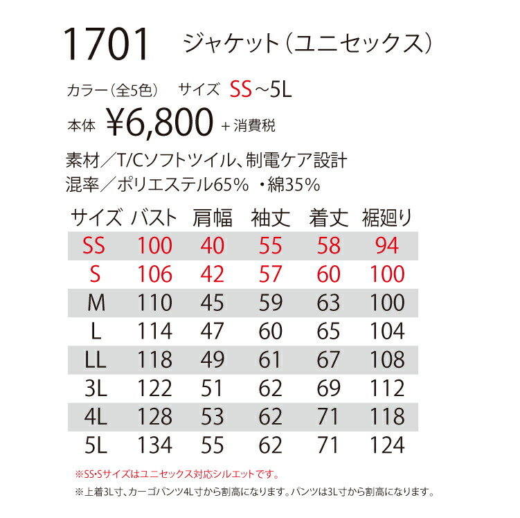 【楽天市場】BURTLE バートル 1701 ジャケット SS S M L LL オールシーズン対応 作業着 作業服：なかじま軍手