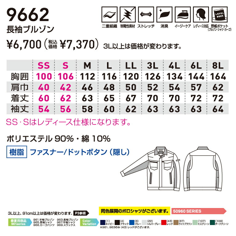 【楽天市場】SOWA ソーワ 桑和 9662長袖ブルゾン 5L オールシーズン対応 作業着 作業服：なかじま軍手