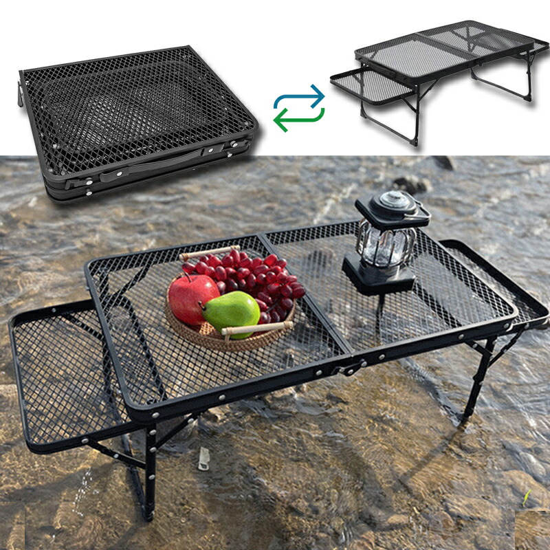 【楽天市場】キャンプ テーブル 折畳テーブル サイドテーブル付き メッシュテーブル 大きなスペース ローテーブル 二つ折りテーブル 耐熱【超軽量材質 耐荷重45kg】携帯便利 (黒 40D x ...