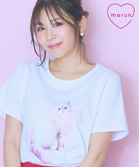 【楽天市場】Tシャツ カットソー レディース 綿100％ キャット プリント リボン付Tシャツ marun 夏 チャコールグレー/ホワイト | L～10L | ニッセン nissen：ニッセン ...