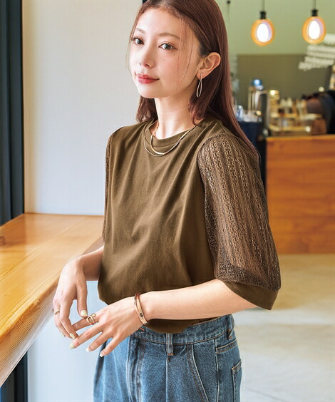 【楽天市場】Tシャツ カットソー レディース ボリューム袖 レース トップス 夏 オフホワイト/モカブラウン/黒 | S～10L | ニッセン nissen：ニッセン 楽天市場店