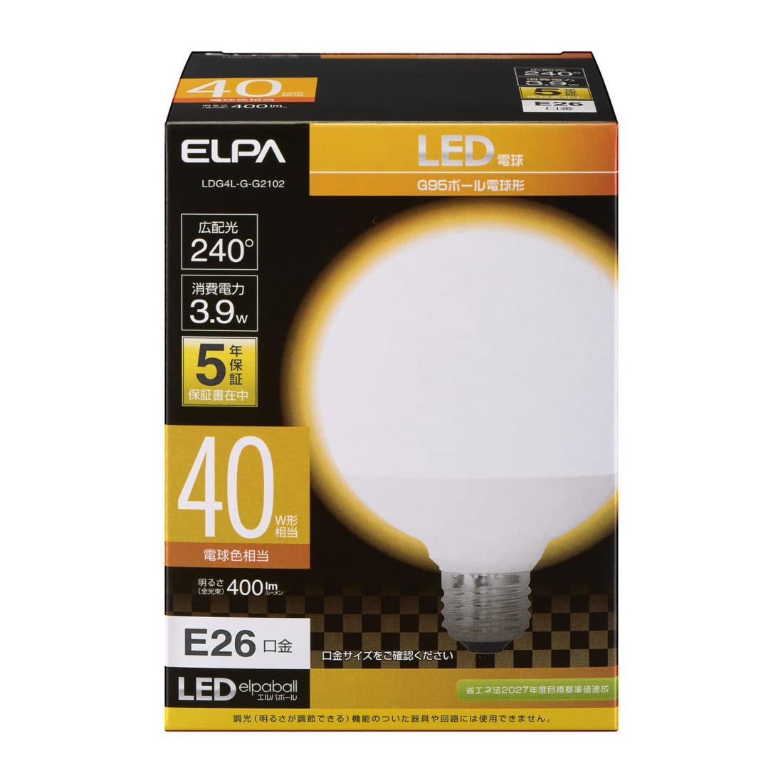 【楽天市場】エルパ (ELPA) LED電球 ボール球形 G95 (口金E26 / 40W形 / 電球色) 5年 / 電球 (LDG4L-G-G2102)：NUvemshop楽天市場店