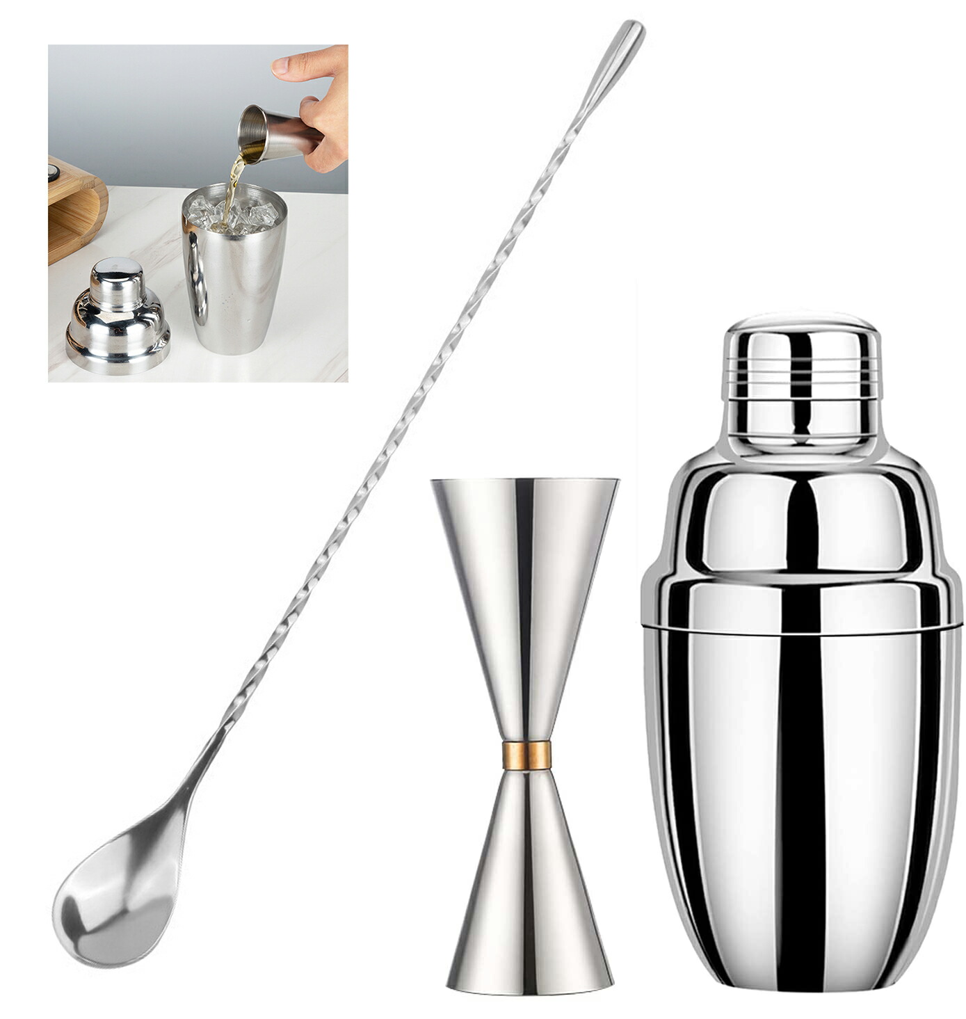 【楽天市場】【翌日配達★即納】【数量限定レビュー特典 p10倍 】TOUMON 3セット 30ml / 45mlジガーカップ 目盛り付き カクテル メジャーカップ バースプーン30cm ジガー ...