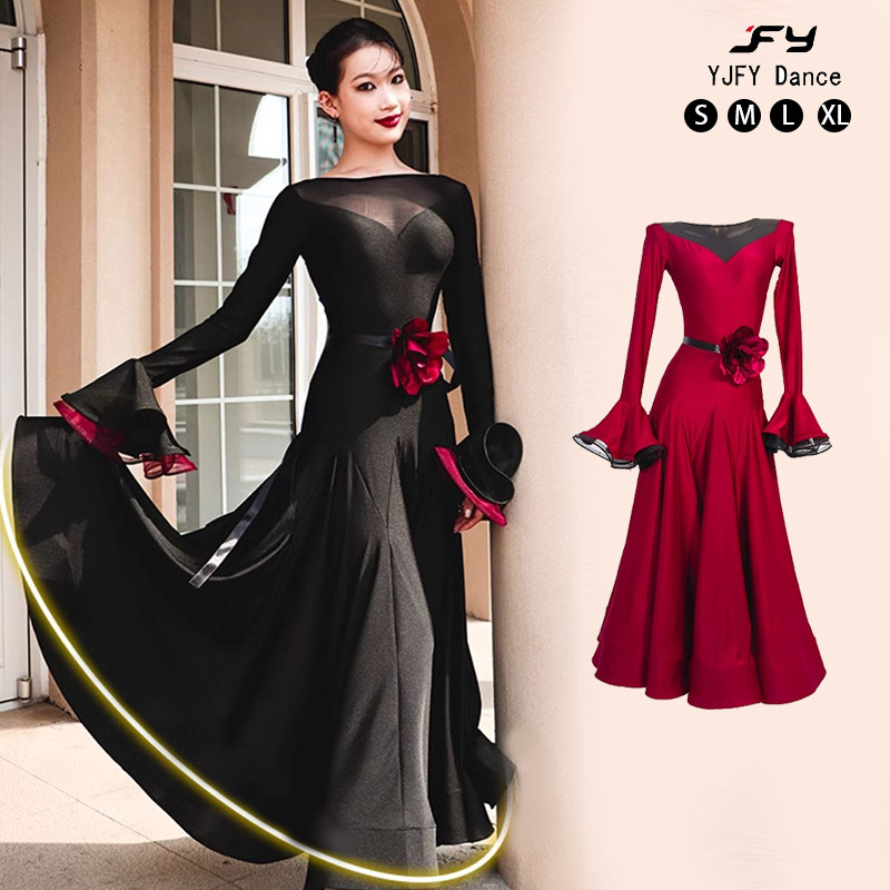 【楽天市場】社交ダンス ダンス服 ダンスドレス ワルツ おしゃれ 豪華 大きい裾 黒 赤 レス 長袖 舞踏会 ステージ 忘年会 イベント ...