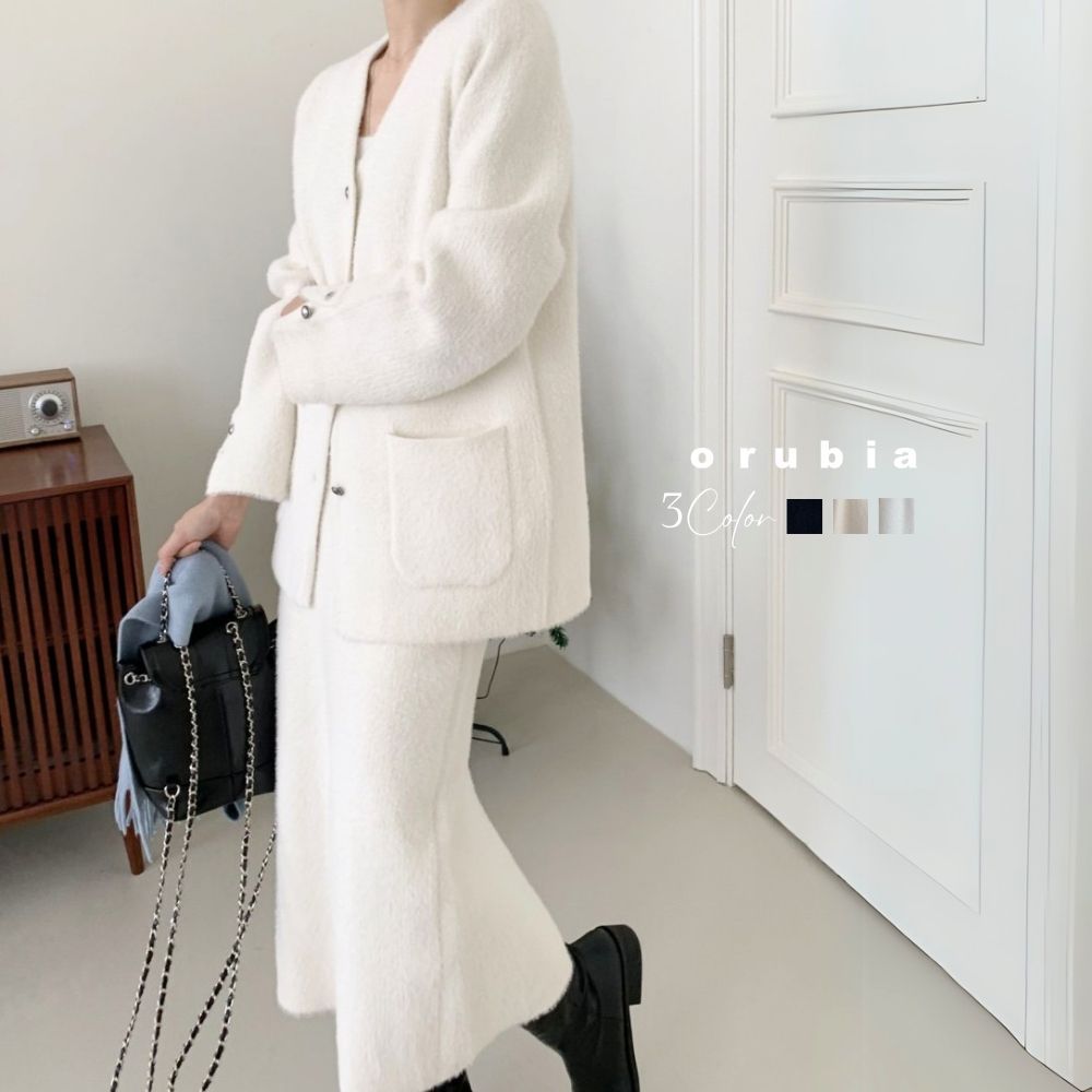 【楽天市場】セットアップ シャギー ニット カーディガン ニットジャケット Vネック Iラインスカート シンプル 上品 2点セット ...