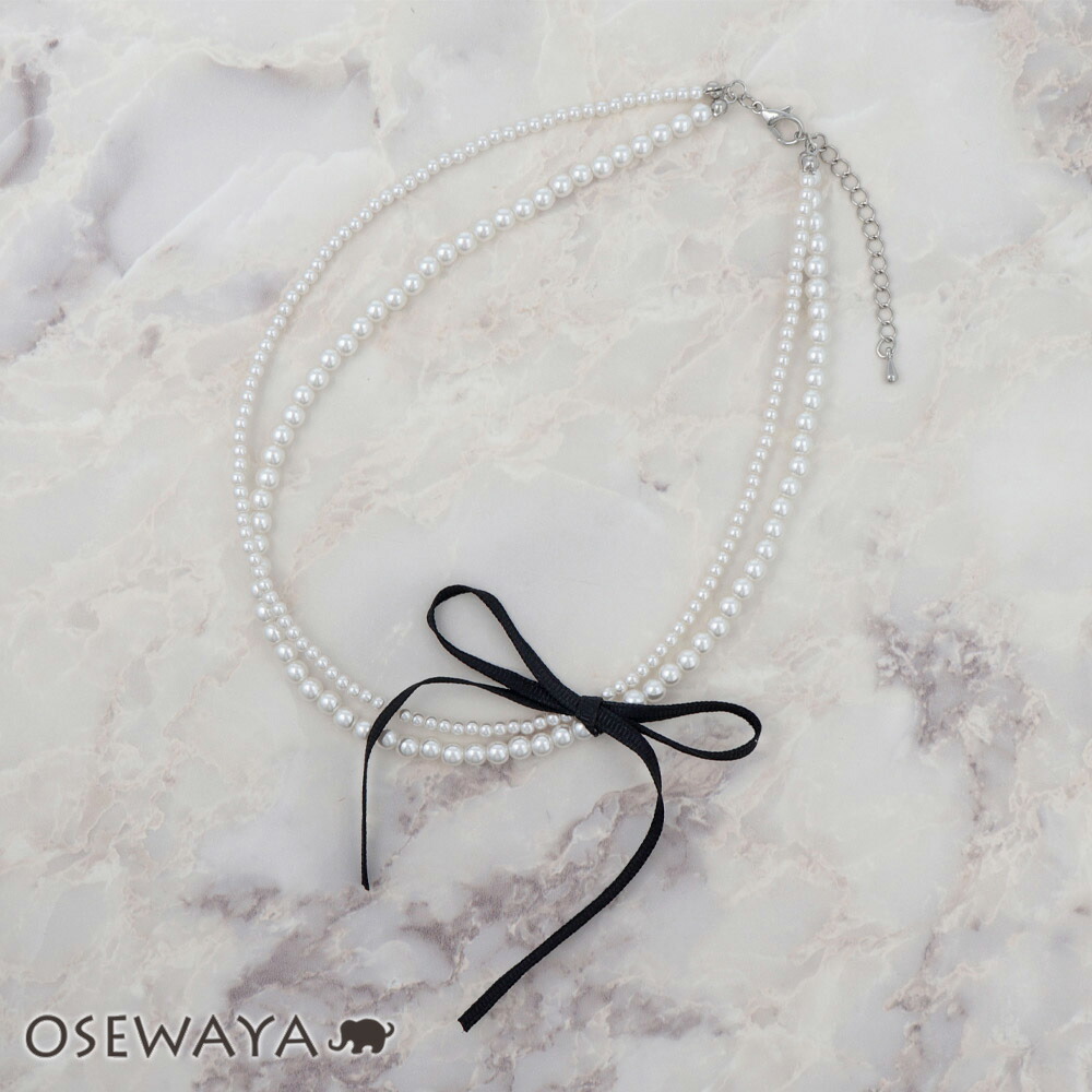 【楽天市場】【送料無料】ネックレス yura Que le bonheur t'arrive ニッケルフリー リボン パール 2連 ショートネックレス | OSEWAYA アクセサリー ...