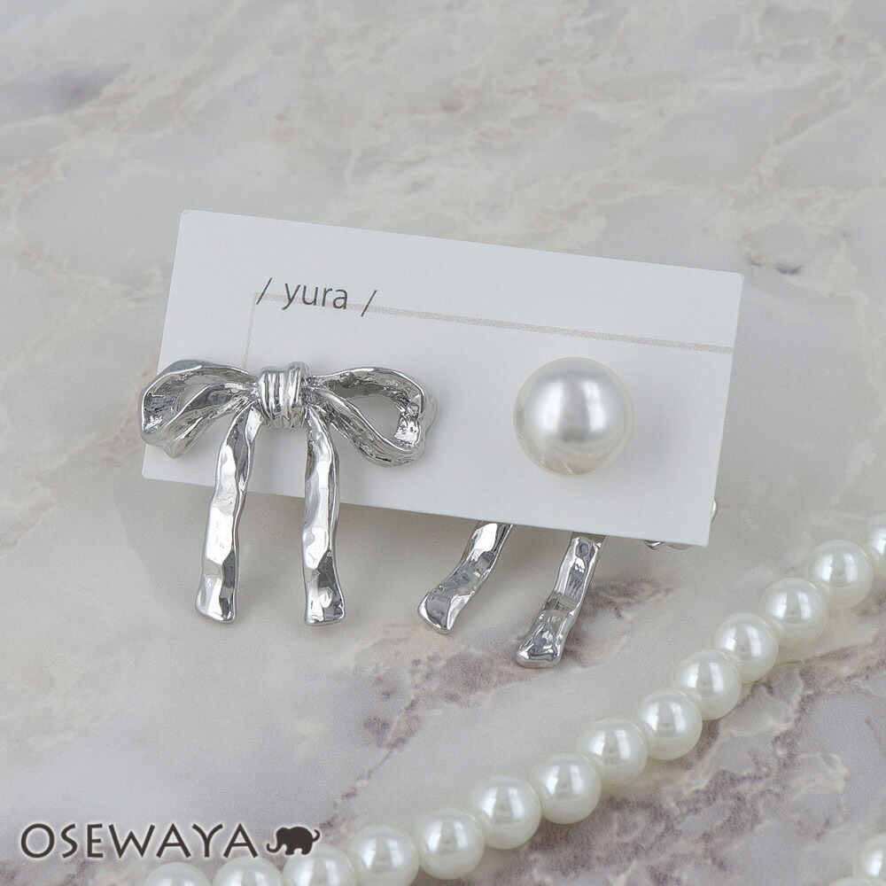 【楽天市場】【マラソン20％OFFクーポン配布中】ピアス yura Que le bonheur t'arrive ニッケルフリー リボン パール バックキャッチ チタンポスト スタッドピアス ...