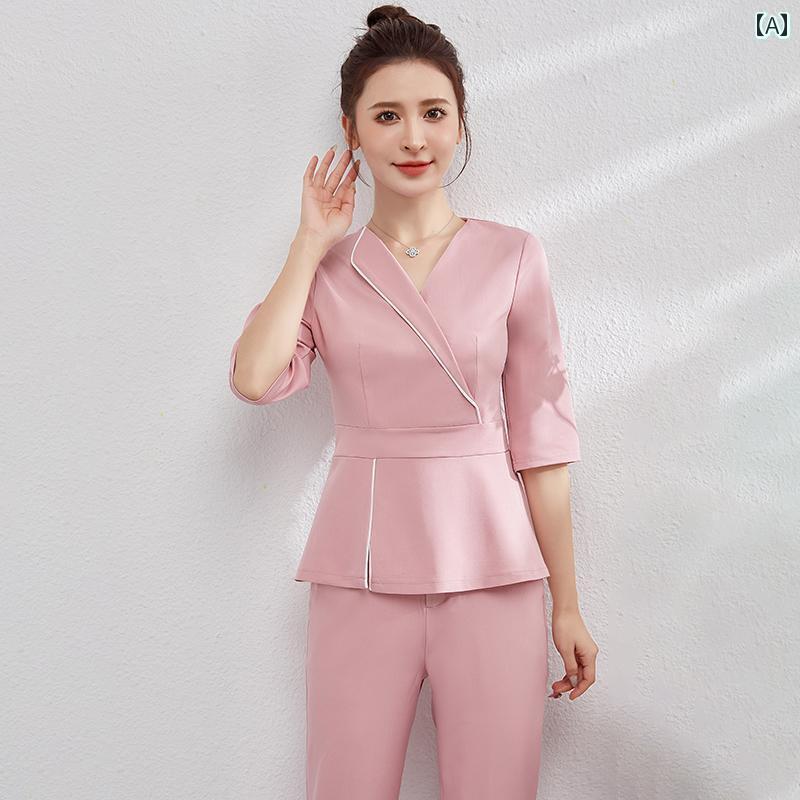 【楽天市場】エステ ユニフォーム パンツ Vネック 襟つき シンプル レディース 美容院 制服 セットアップ 春夏 美容師 フットバス フット ...