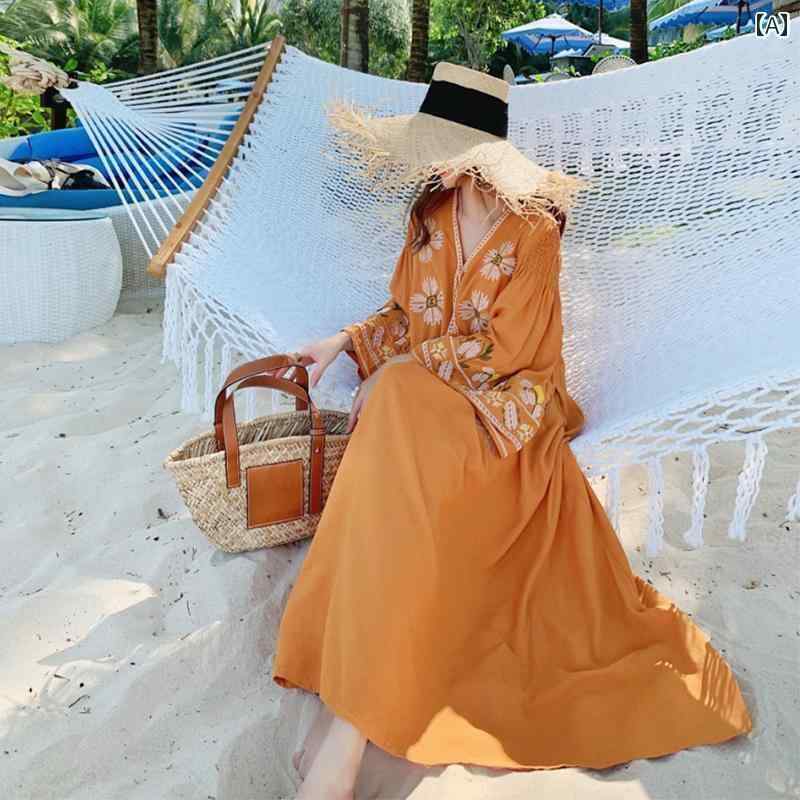 【楽天市場】ワンピース 春 レディース エスニック 長袖 ロング丈 Vネック ベルスリーブ 刺繍 タッセル ハイウエスト ゆったり 体型カバー ...