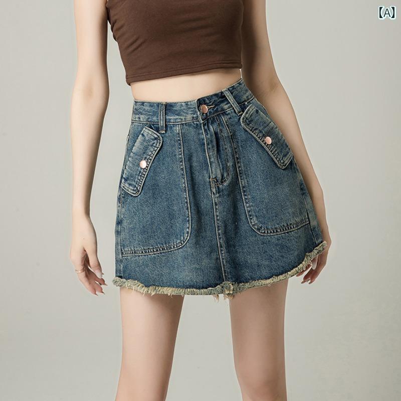 【楽天市場】キュロットスカート レディース デニム 春夏 ボタン ポケット フリンジ ハイウエスト ワイド Aライン 体型カバー 薄手 ソフト ...