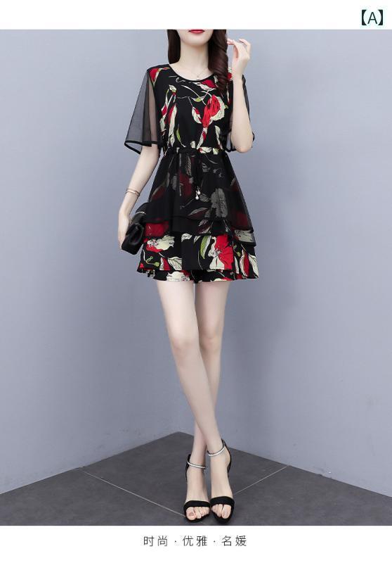 【楽天市場】セットアップ レディース おしゃれ 大きめサイズ 夏 シフォン プリント トップス 半袖 ショートパンツ セットアップ ラウンド ...