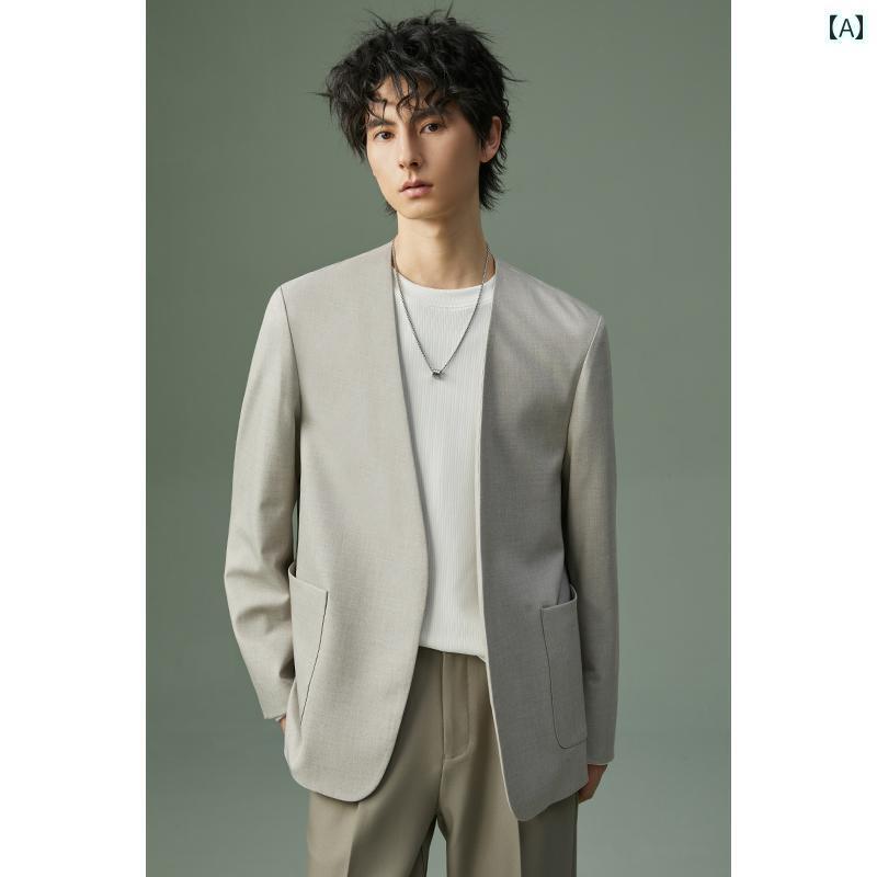 【楽天市場】メンズ 襟し きれいめ カジュアル レトロ ジャケット ノーカラー シンプル 無地 ゆったり 長袖 大きめサイズ 春 黒 オフィス ...