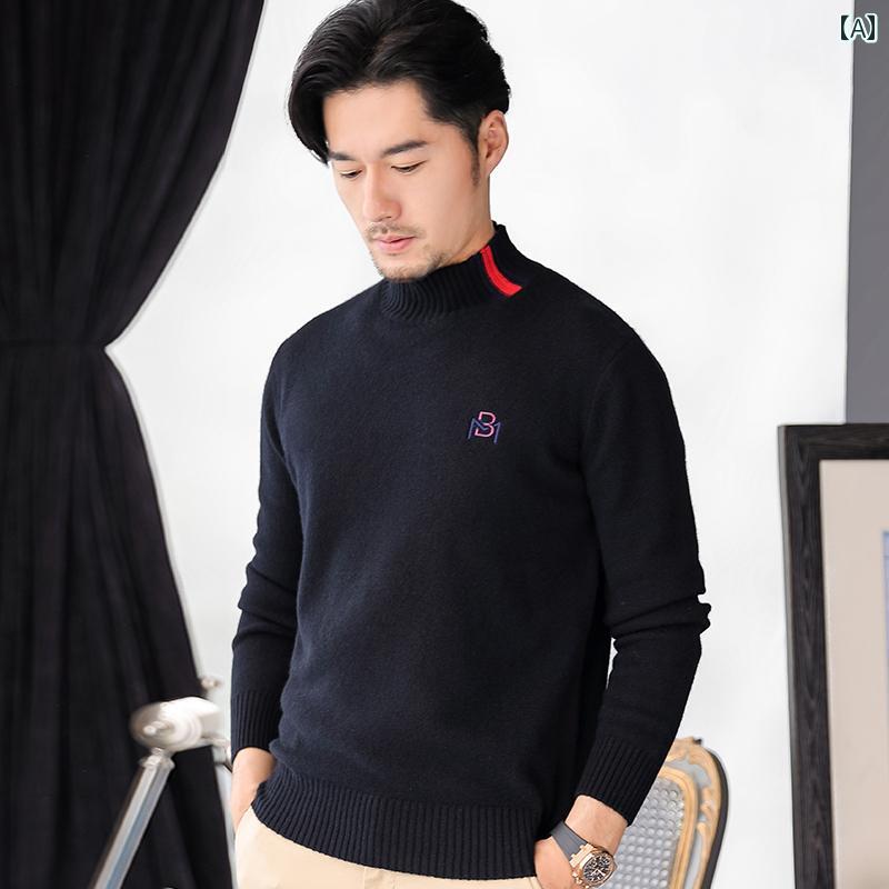 【楽天市場】セーター メンズ ニット トップス タートルネック ハイネック 刺繍 秋冬 長袖 スリム フィット ブラック：おうち健康生活