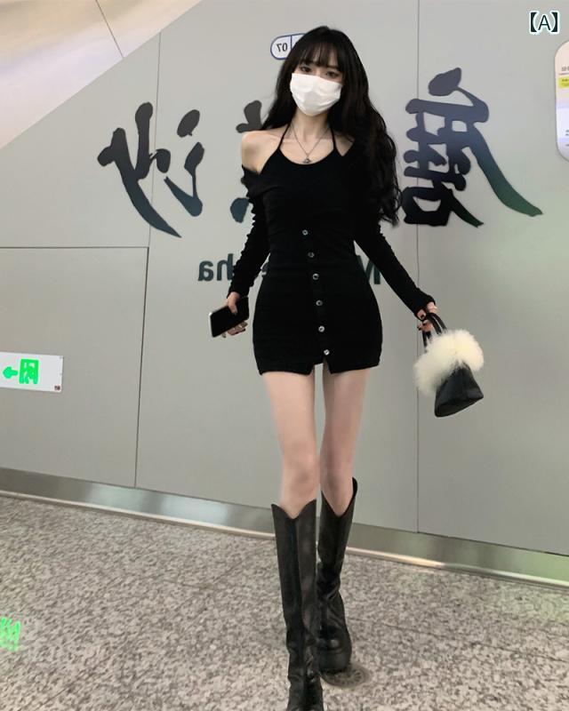 【楽天市場】ワンピース レディース ドレス おしゃれ セクシー フェイクセットアップ 重ね着風 ガール ホルターネック 秋 黒 魅惑 ウエスト ...