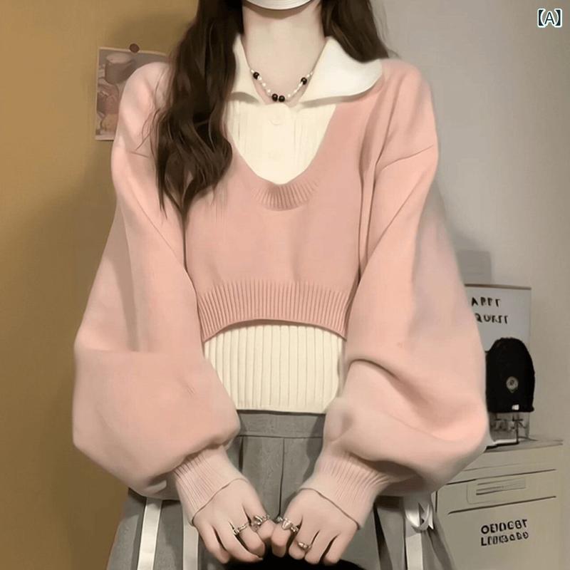 【楽天市場】ニットセットアップ レディース 韓国ファッション ゆったり ルーズ ポロ襟セーター ショート丈トップス スクールテイスト ピンク ...