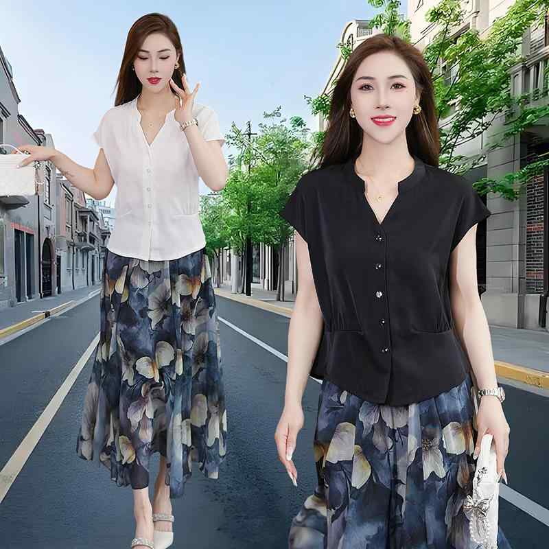 【楽天市場】セットアップ レディース ミセス ママ 春夏 Vネック 半袖 Tシャツ トップス 上品 シンプル スカート シフォン素材 体型 ...