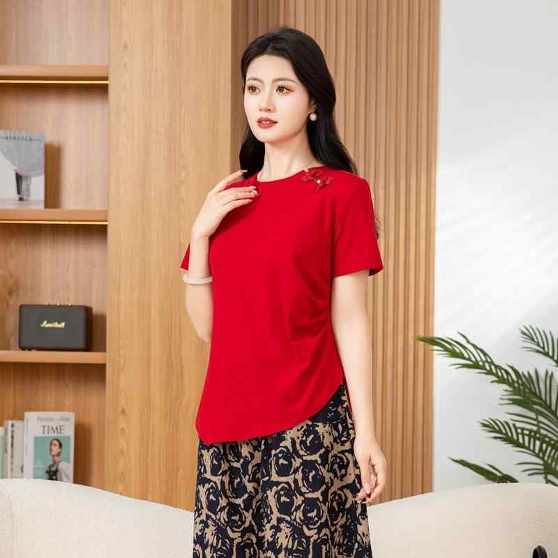 【楽天市場】Tシャツ レディース ミセス 飾りボタン 半袖 アシンメトリーネック 夏物 レッド ポリエステル トップス カットソー 普段使い ...
