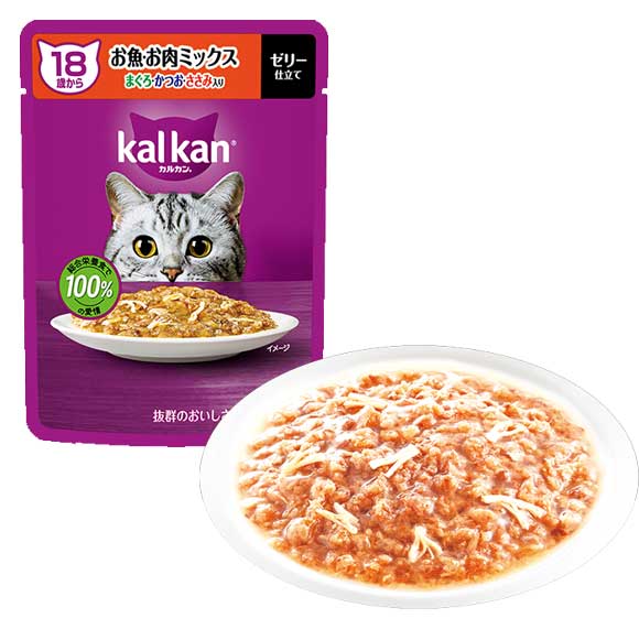 【楽天市場】KP153カルカン18歳からお魚・お肉ミックスまぐろかつおささみ入りゼリー仕立て 60g｜総合栄養食（パウチタイプ：ペット ...